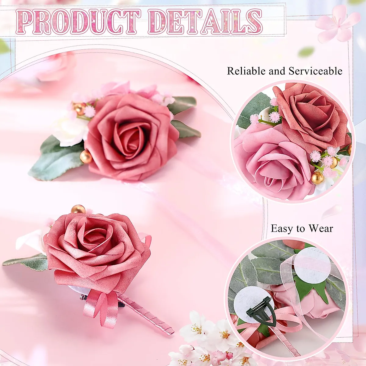 Ceenna Rose Flower Wrist Corsage Boutonniere Set Handmade Floral Wristlet Band Bracelet Bridegroom Men's Boutonniere Wedding Wristlet Hand Flower for Prom Party Bouquets, Dark Pink(Stylish, 48 Pcs)