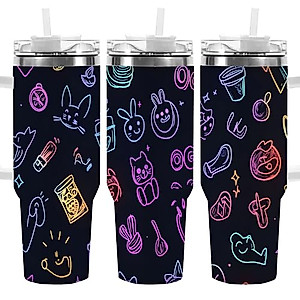 FOCIUZTA 40oz Playful Doodle Art Tumbler with lid, Travel Coffee Cup, Ideal for Easter, Gaming Enthusiast, Mother Day, and birthday gifts