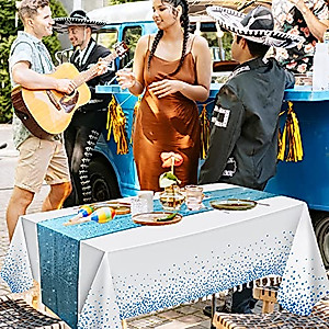 FGSAEOR Blue Tablecloth, 12x108inch Sequins Table Runners and 54x108inch Plastic Table Cloths for Party Decorations, Sparkling Party Supplies Table Cover for Indoor Outdoor Parties