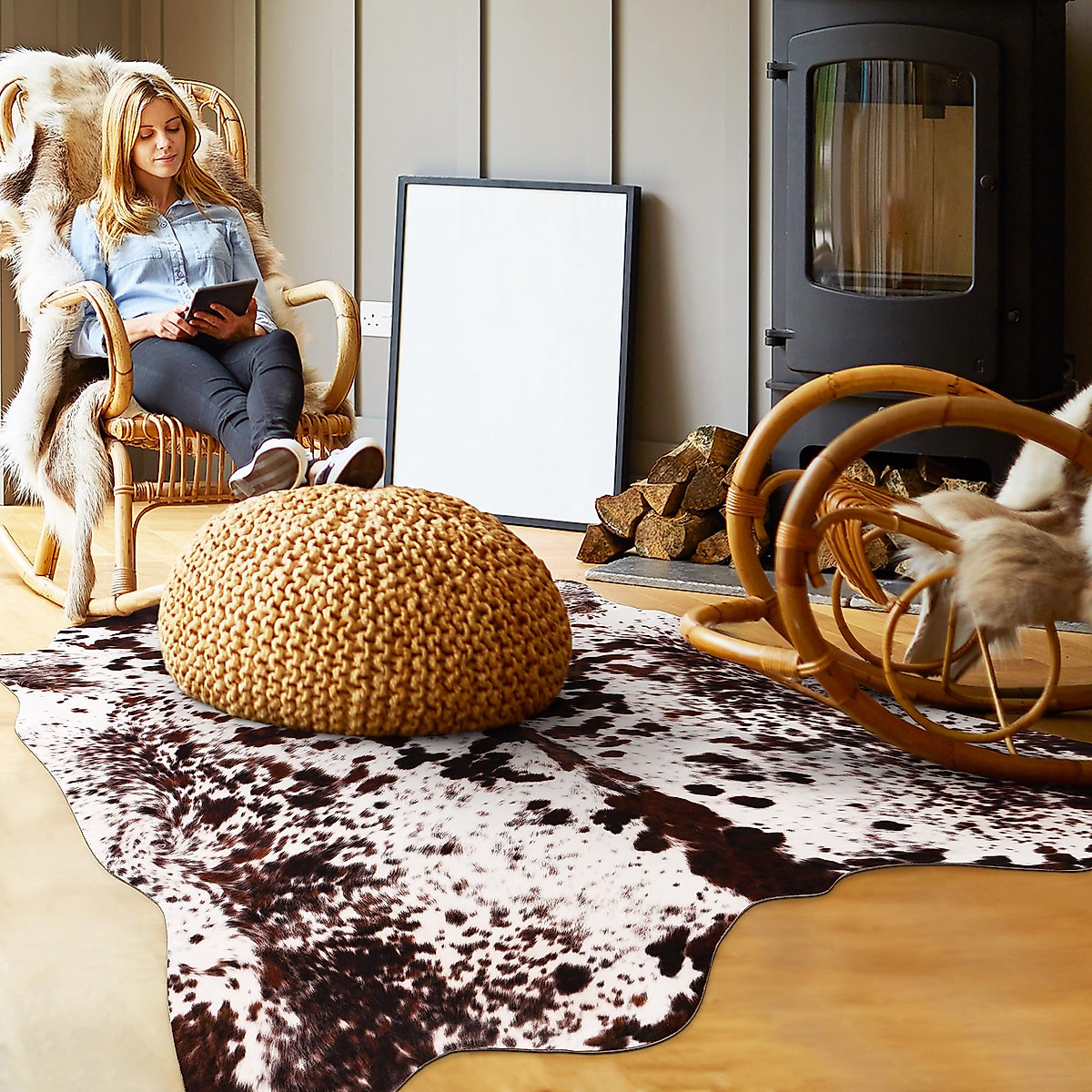 SVATOUCH Premium Cowhide Rug 4.6 x 5.2 Feet,Western Decor Faux Cowhide Rug,Thickened Cow Print Rug,Cow Rug for Bedroom Living Room Home Office Decor