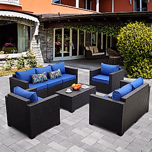 Rattaner Outdoor Wicker Furniture Set 5 Pieces Patio Sectional Sofa Couch Set with Storage Table Royal Blue Anti-Slip Cushions Furniture Covers