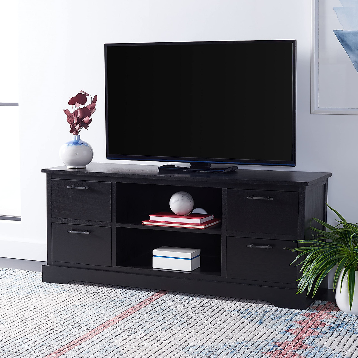 SAFAVIEH Home Collection Filbert Black 4-Drawer Entertainment Stand up to 55" Flatscreen TV (Fully Assembled) Media Unit