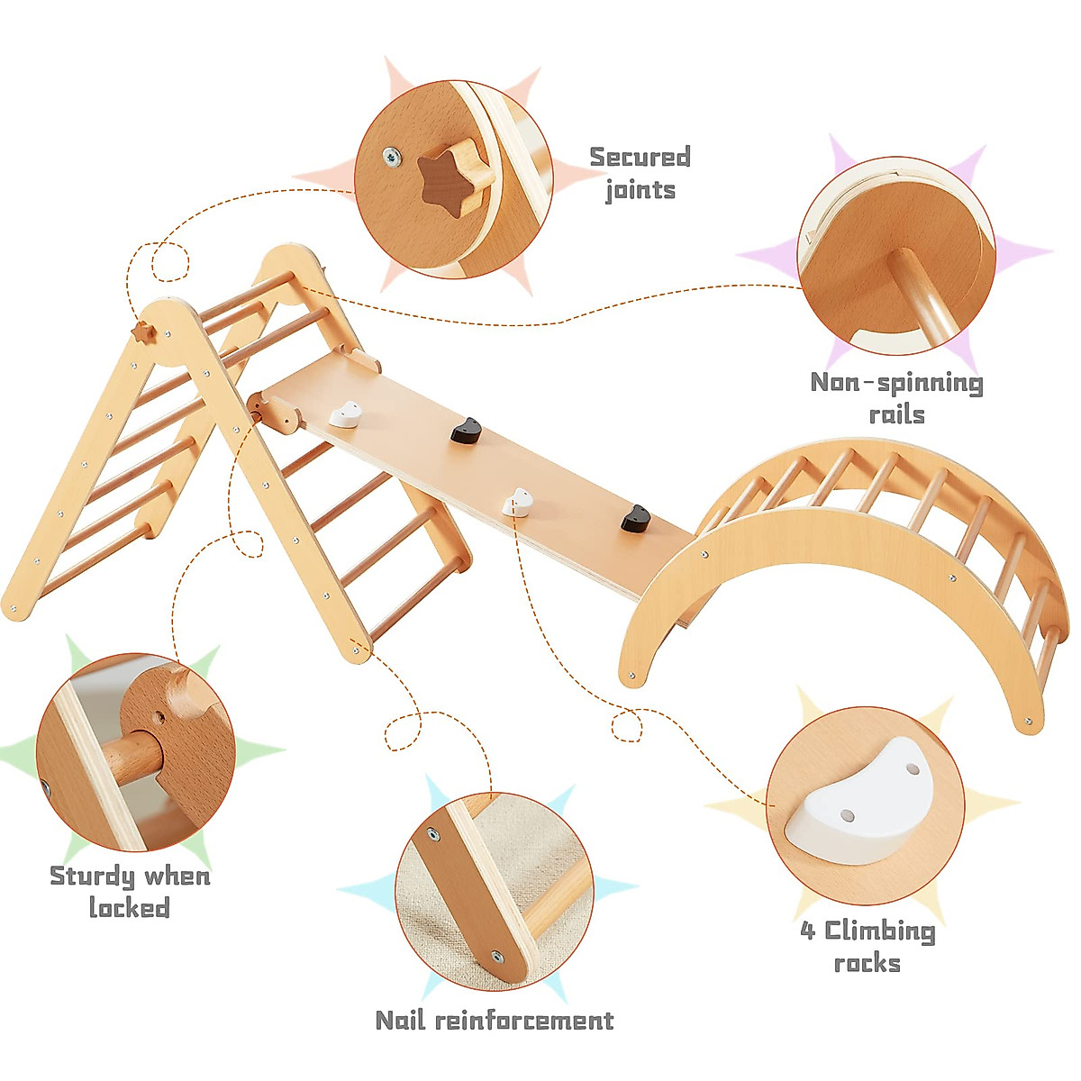 Beright 4 in 1 Pikler Triangle Gym, Montessori Foldable Climber with Ramp, Indoor Climbing Toys for Kids, Climbing Triangle for Toddlers Arch Climber, Rocker, Learning Waldorf Toy Structure, Natural