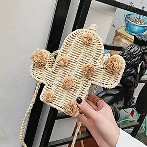 NIBD Beach Bag Cactus Straw Bag Summer Bags with Pom Pom Women Messenger Handbag Braided New Rattan Bag, Beige, 7.5"*7.5"*2.4"