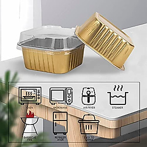50 Pcs Mini Square Baking Cups with Lids,5oz Aluminum Foil Mini Cake Pans with Lids,Disposable Ramekins Cake Pans,150ml Dessert Cups Cupcake Pans for Wedding Birthday Party,Gold
