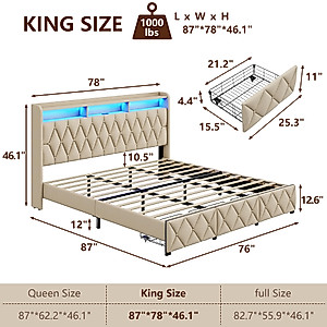 MEIJUJIA King Size Bed Frame with 3 Storage Drawers, Upholstered King Bed Frame with LED Lights Headboard and Charging Station, No Box Spring Needed, Easy Assembly -Beige