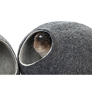 Kivikis Cat Bed, House, Cave, Nap Cocoon, Igloo, 100% Handmade from Sheep Wool (XL 17-26 pounds cat, Dark Gray)