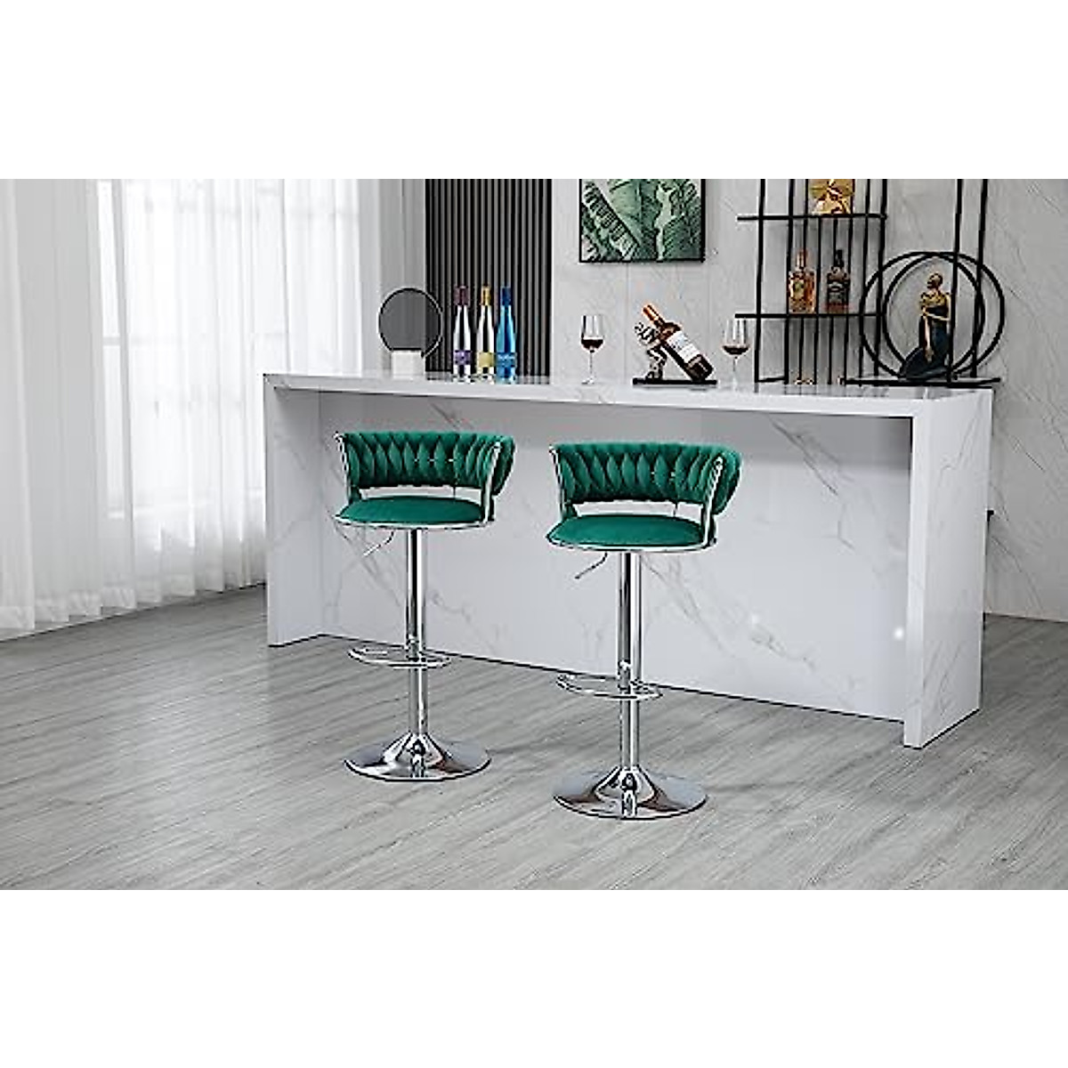 Kakotito 360° Velvet Swivel Bar Stools with Low Back & Footrest, Adjustable Counter Barstools, Silver Bar Stool (Set of 2 - Silver Version, Emerald)