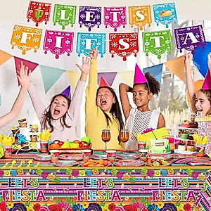 172 Pcs Mexican Themed Fiesta Party Supplies Set Serves 24, Include Fiesta Tablecloth, Let's Fiesta Banner, Mexican Plates and Napkins Tableware Set for Cinco De Mayo Mexican Taco Fiesta Party Decor