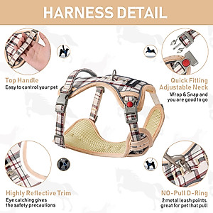 GAMUDA Dog Harness Collar and Leash Set, Dog Harness, No Chock No Pull Adjustable Vest Harnesses Plaid Reflective for Medium Dog, Cat, Small Horse, Small Bull and Pig (Beige, S)