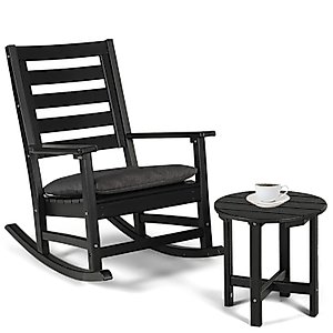 HOPUBUY Patio Rocking Chair Outdoor with Cushion, HDPE Patio Rocking Chair, All Weather Resistant Rocker Chair for Porch Garden Yard Living Room, Black with Table