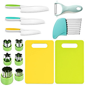 Yuanwovv 13Pcs Montessori Kitchen Tools for Toddlers，Safe Knives Cooking Set, Kids Knives for Real Cooking Toddler Knife Set，with Plastic Toddler Safe Knives Crinkle Cutter Kids Cutting Board.