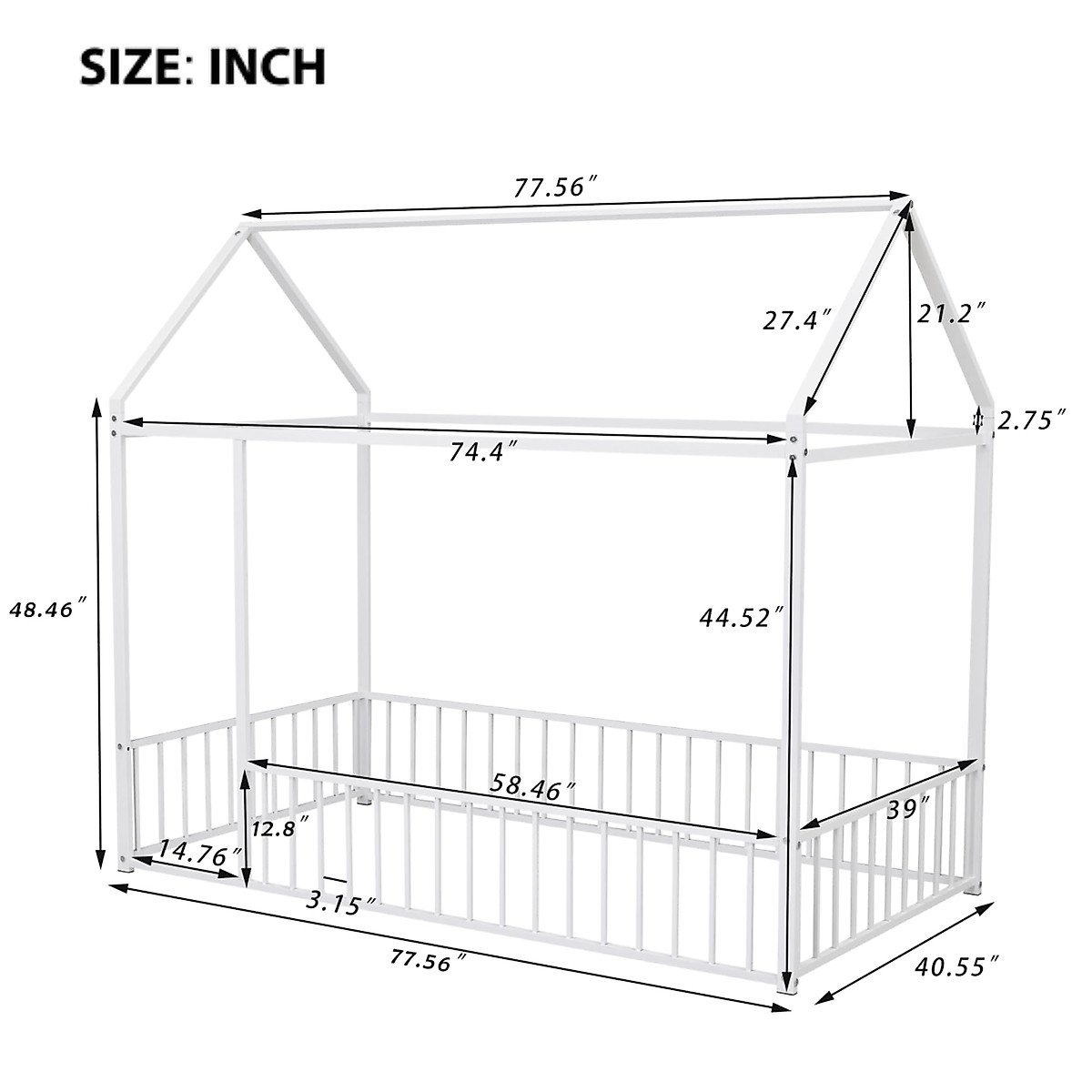 HZANHY Twin House Bed for Kids, Montessori Floor Bed with Rails, Metal Floor Bed Frame for Boys Girls Toddlers, Playhouse Bed with Roof, Twin Kids Bed Floor Bed with Post Foot Pads for Teen