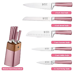 RITSU Knife Set - Professional 6 Pieces Knife Set With Block - Premium German Steel Chef Knife Set With Hollow Handle - Pink