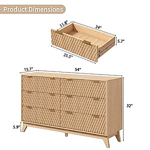 Cooday Diamond-Fluted 6 Drawers Dresser, Modern Dressers & Chests of Drawers, 54" Wide Light Wood Dresser for Bedroom, Storage Cabinet Organizer for Hallway(Natural)