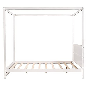 LCH Queen Size Wooden Platform Bed Frame with Headboard and Support Legs for Bedroom, White