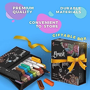 Acrylic Paint Pens Brush Tip, 8 Metallic & 8 Basic Colors Acrylic Paint Markers. Set for Rock Painting, Calligraphy, Scrapbooking, Brush Lettering, Card Making, Sketching, Black Paper, DIY Photo Album