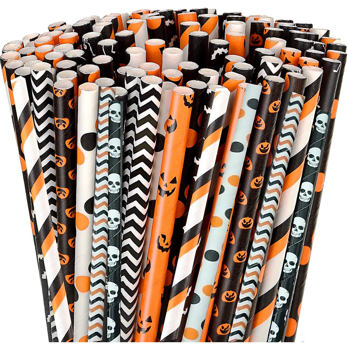 Shuiniba Halloween Paper Straws, Biodegradable Pumpkin Skull Striped Wavy Dot Paper Straws,Paper Drinking Straws for Party, Events and Crafts,Baby Shower Decorations 7.75 Inches,100 Packs - Mix Style