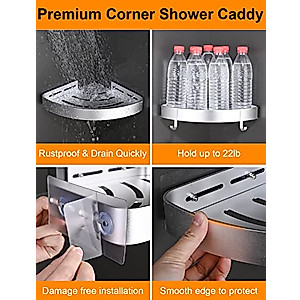 TRUSTLIFE Corner Shower Caddy 2-Pack - Adhesive Corner Shelf with Hooks for Inside Shower, No Drilling & Rustproof Shower Storage Rack for Bathroom, Wall Mount Bathtub Caddy Shelf Organizer - Silver