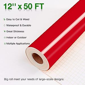 Red Permanent Vinyl Roll - 12" x 50 FT Matte Red Vinyl for Cricut, Silhouette, Cameo Cutters, Adhesive Vinyl Roll for Signs, Scrapbooking