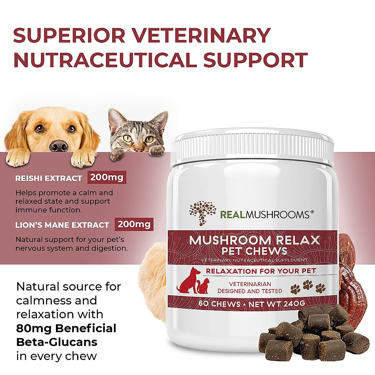 Real Mushrooms Immune Pet Chews (60ct) & Relax Pet Chews (60ct) - Bundle for Immunity, Relaxation & Longevity - Reishi, Lion’s Mane, Ashwagandha, Astragalus & More - Vegan, Non-GMO, Gluten-Free
