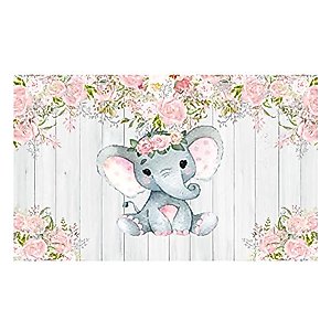 Allenjoy Rustic White Wood Elephant Backdrop Supplies for Baby Shower Pink Floral It's a Girl Newborn Kids Birthday Party Decorations Studio Cake Smash Candy Dessert Photography Banners Props