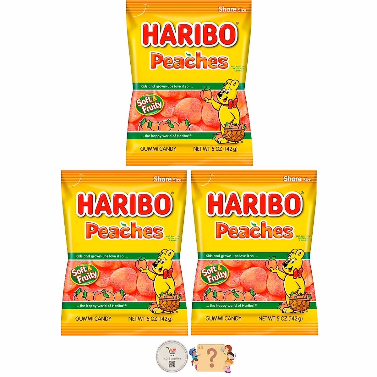 Haribo Gummi Candy - Soft & Chewy Delicious Gummies, (Pack of 3) Share Size Peg Bags + Bonus Mystery Candy (5 oz, Peaches)