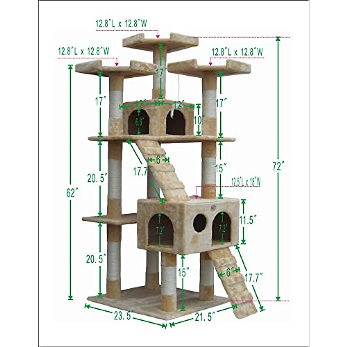 Go Pet Club 72" Premium Cat Tree Kitty Tower Kitten Condo for Indoor Cats with Scratching Posts, Condos, Ladders, Soft Perches, and Hanging Toy Cat Activity Center Furniture, Beige
