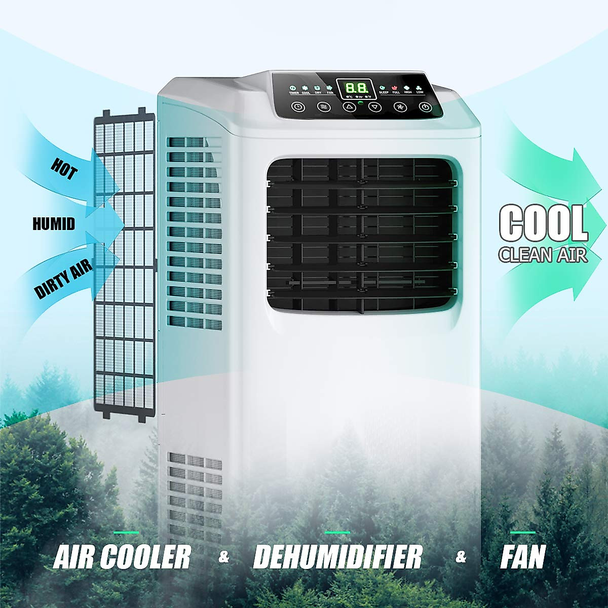 COSTWAY 8000 BTU Portable Air Conditioner, 3-in-1 Air Cooler w/Built-in Dehumidifier, Fan Mode, Sleep Mode, Remote Control& LED Display, Rooms Up to 230+ Sq. ft, for Home Office (White and Black)