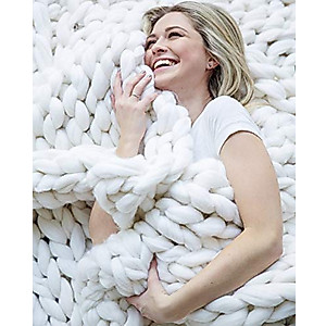 EASTSURE Chunky Knit Blanket Bulky Throw Merino Wool Hand Made Bed Sofa Throw Pet Bed Chair Mat Rug,White,32"x32"
