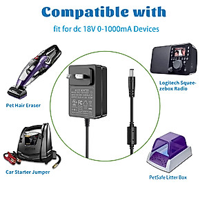 TKDY 18V 1A DC Power Supply Adapter, 110-240V AC to DC 18Volt US Plug fit for 18Vdc 1000mA 750mA 500mA Power Cord for Logitech Squeezebox Wi-Fi Internet Radio.