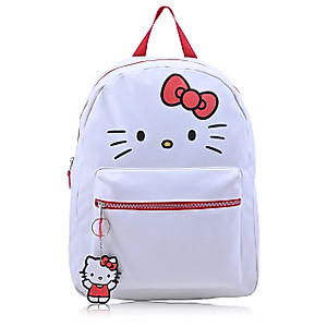 Hello Kitty Womens Backpack Large Faux Leather Bookbag Double Strap Shoulder Bag with 3D Design and Keychain (White-Red)