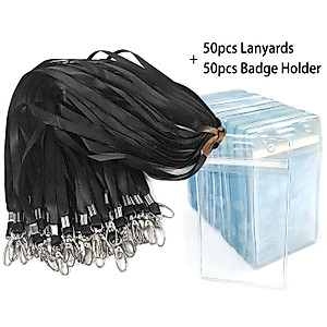 Lanyard with ID Holder 50 Pcs Waterproof Name Tag Vertical Badge ID Card Holders ID Pass Holder and 50 Pcs Flat Neck Black Lanyards Swivel Hook