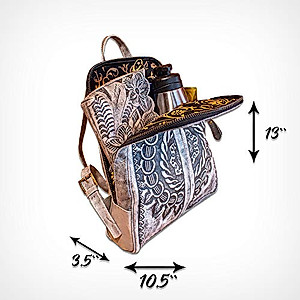 Santiago Sebastian Leathers Ladies Backpack Purse for Women, Genuine Leather, Hand tooled handbag, off white color