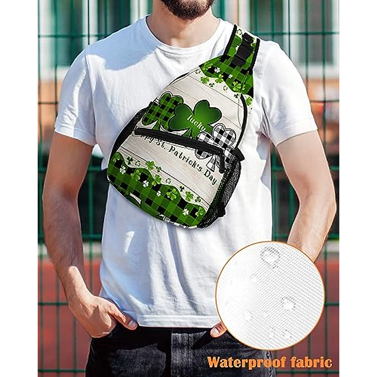 Sling Backpack, St. Patrick's Day Lucky Green Black Buffalo Plaid Shamrock Waterproof Lightweight Small Sling Bag, Travel Chest Bag Crossbody Shoulder Bag Hiking Daypack for Women Men