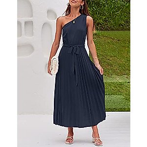 MEROKEETY Womens Sleeveless One Shoulder Pleated Belted Elastic High Waist Formal Midi Maxi Dress,Navy,M