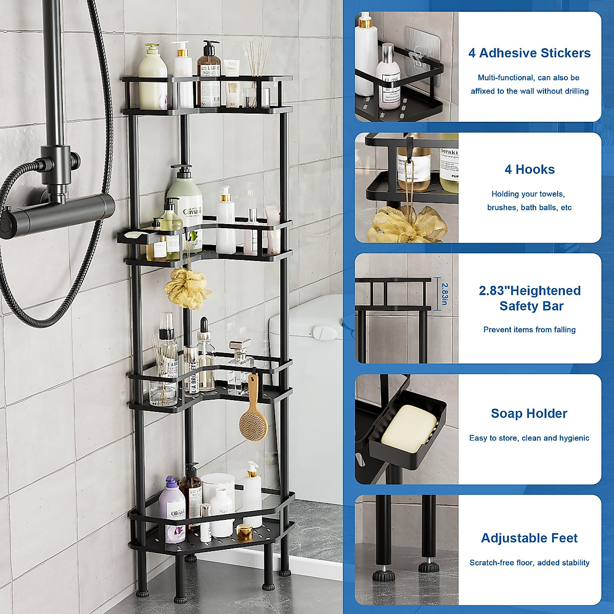 FJNATINH Corner Shower Caddy - 4 Tier Shower Organizer Corner Shelf Stainless Steel Floor Corner Shower Stand Rack for Bathroom Balcony Kitchen, No Drilling Shelves, Adhesive Shower Caddy