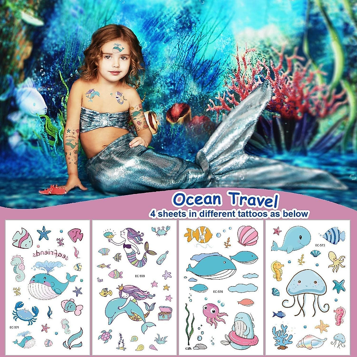 Leesgel 300pcs Temporary Tattoos for Kids, Featured 5 Series of Fake Waterproof Tattoos for Boys Girls- Spaceships, Dinosaurs, Animal Zoos, Mermaids, Pirates. (20 Sheets)