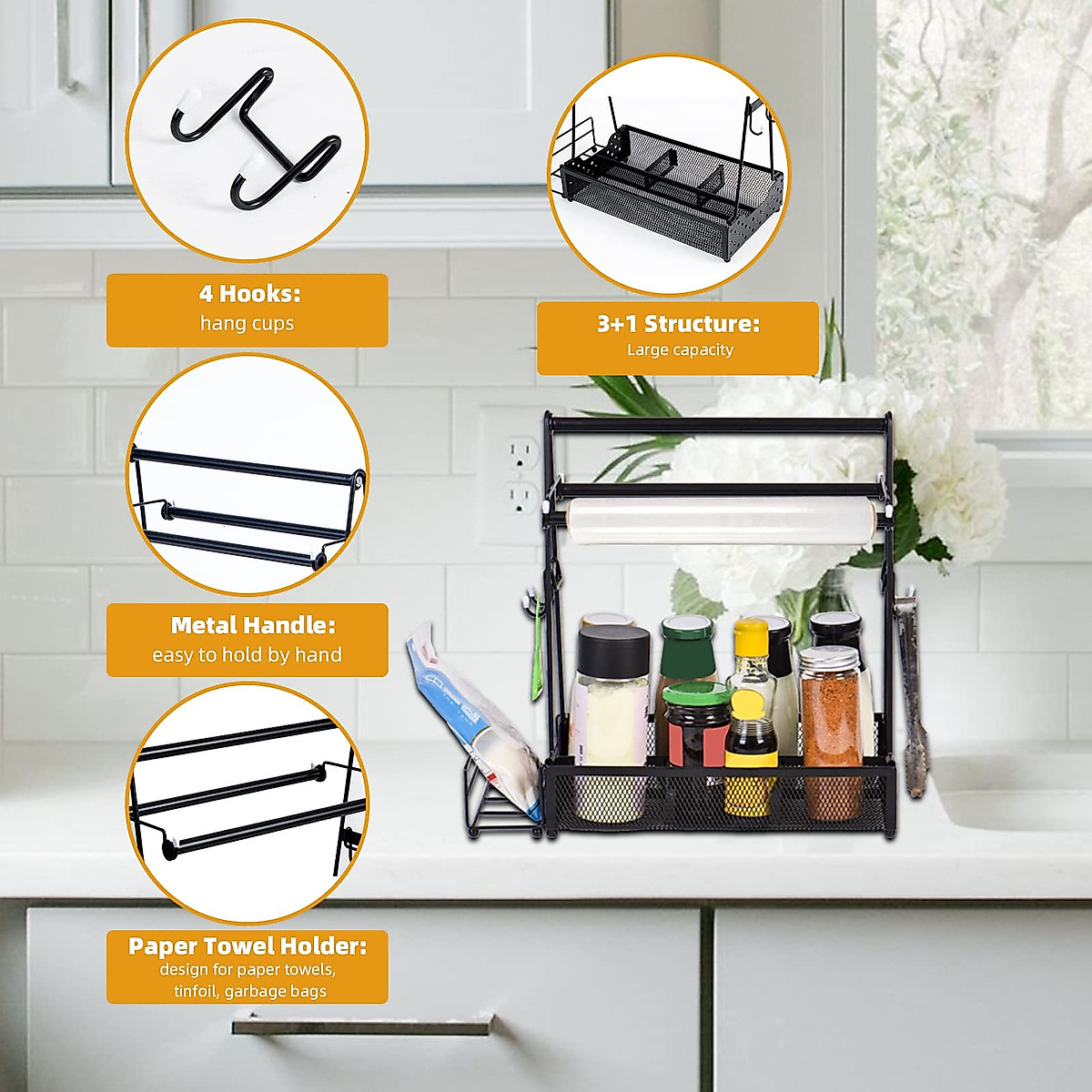 Wtoumdc Utensil Caddy, Utensil Holder for Barbecue Camping Accessories, Picnic Condiment Cutlery Caddy with Handle and Paper Towel Roll Holders, Camping Essentials Rv Kitchen Camper Must Haves, Black