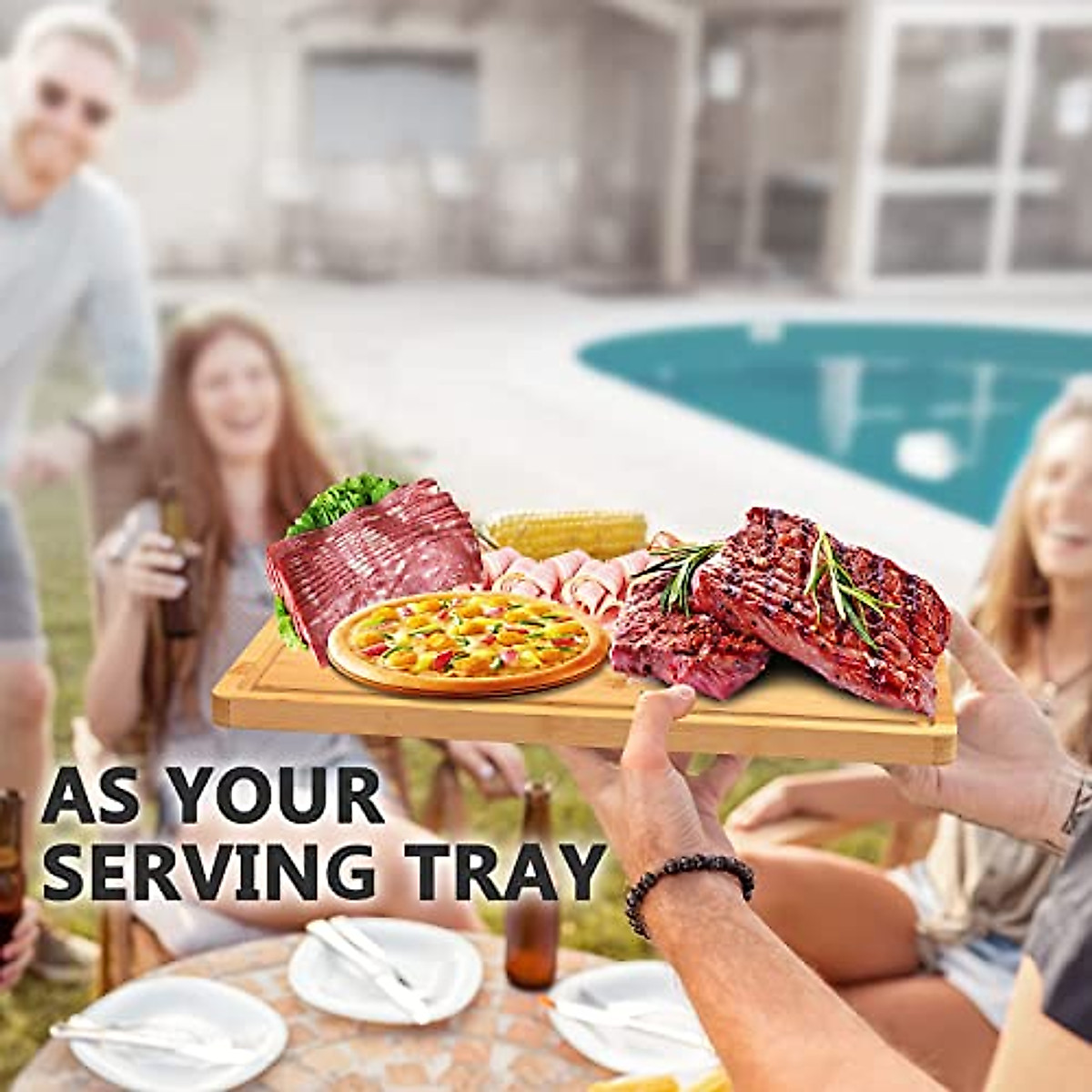 Bamboo Cutting Board for Kitchen, Bamboo Chopping Board with Handle and Juice Groove, Heavy Duty Butcher Block Cutting Board for Meat Cheese and Vegetables, Medium, 15" x 10"