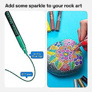 Glitter Paint Pens for Rock Painting, Stone, Ceramic, Glass, Wood, Fabric, Scrapbooking, DIY Craft Making, Art Supplies, Card Making, Coloring. Set of 12 Acrylic Glitter Markers Extra-Fine Tip 0.7mm