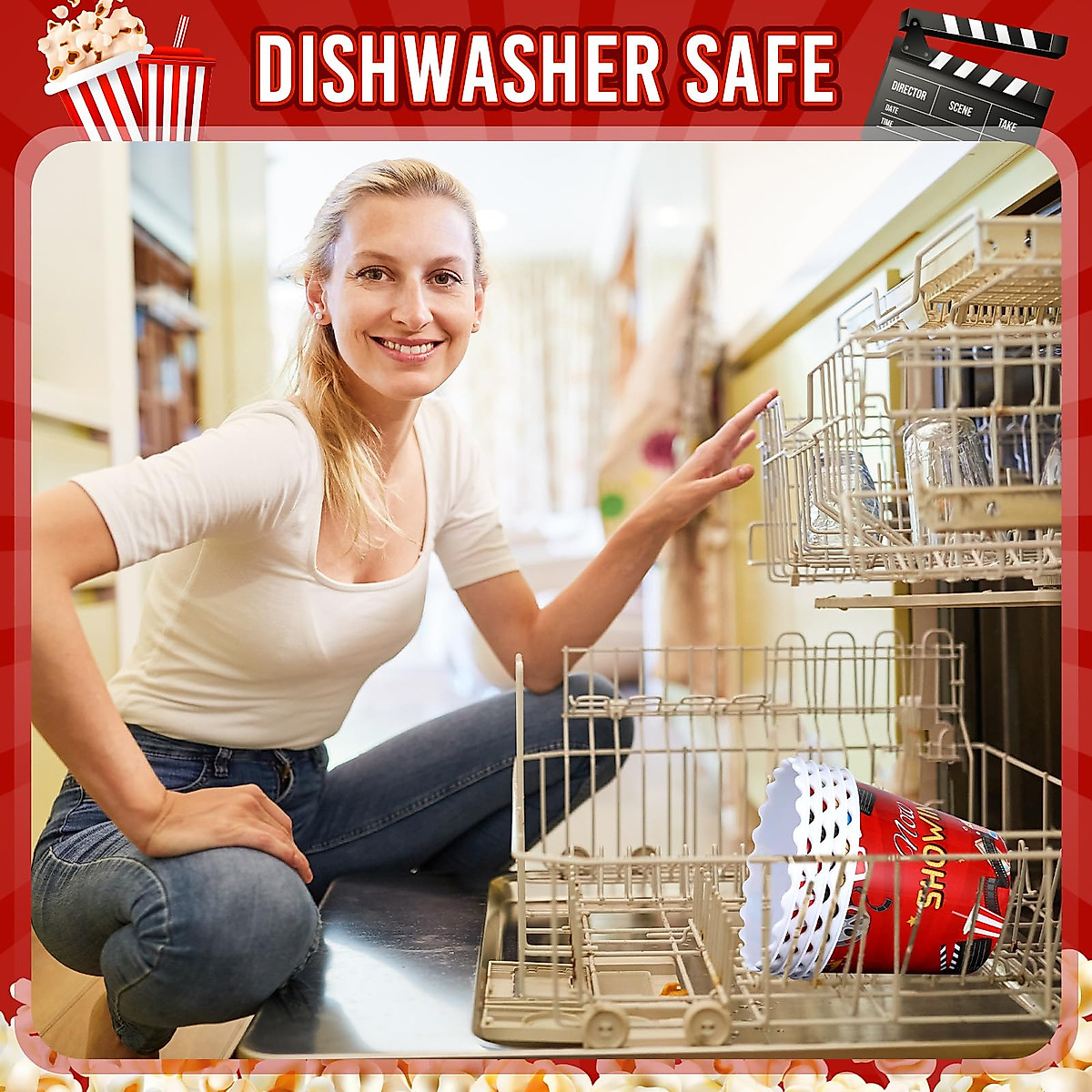 Roshtia 6 Pieces Plastic Popcorn Containers Reusable 75 oz Popcorn Bowl with Popcorn Scoop Retro Style Popcorn Boxes Red Popcorn Plastic Scoop Set for Movie Theater Night (Movie)