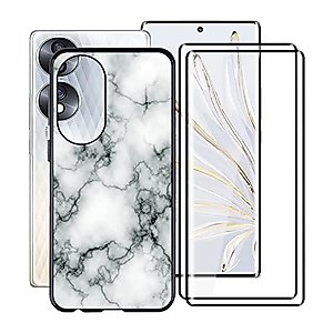 HGJTF Phone Case for Honor 70 (6.67") with [2 X Tempered Glass Screen Protector], Ultra-Thin Black Silicone Shockproof Soft TPU Bumper Shell for Honor 70 - Marble