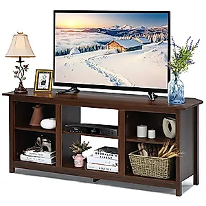 Tangkula Farmhouse Universal TV Stand for TV's up to 65" Flat Screen, Home Living Room Entertainment Center w/4 Open Shelves, TV Console Table for 18 Inch Electric Fireplace (Not Included), Coffee