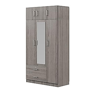 LOUHME Modern 3-Door Wardrobe with Full-Length Mirror – Features 2 Drawers, Top Cabinet, Shelving, and Hanging Rod for Bedroom Storage, Gray