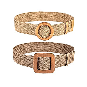 Verdusa Women's 2 Pack Buckle Elastic Straw Belts Boho Waist Belt Brown 100