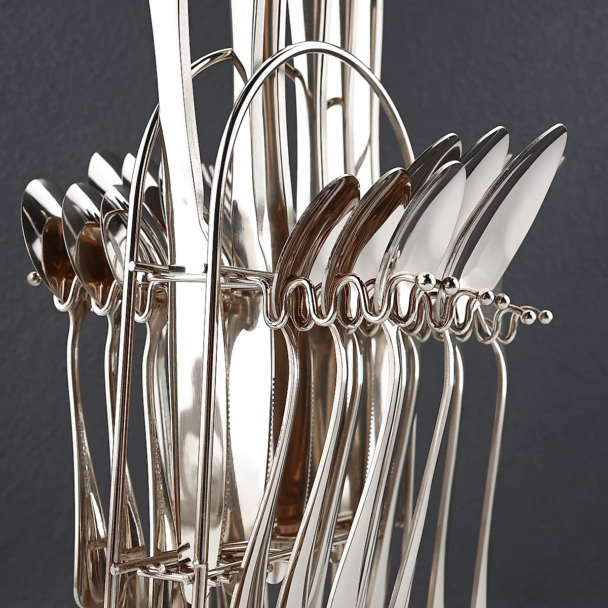 JASHII 24-Piece Hanging Flatware Set & Holder/Stand,Stainless Steel Knives Forks and Spoons Cutlery Set Service for 6, Dishwasher Safe, Nice Family Utensil Gift Set - Shiny Silver