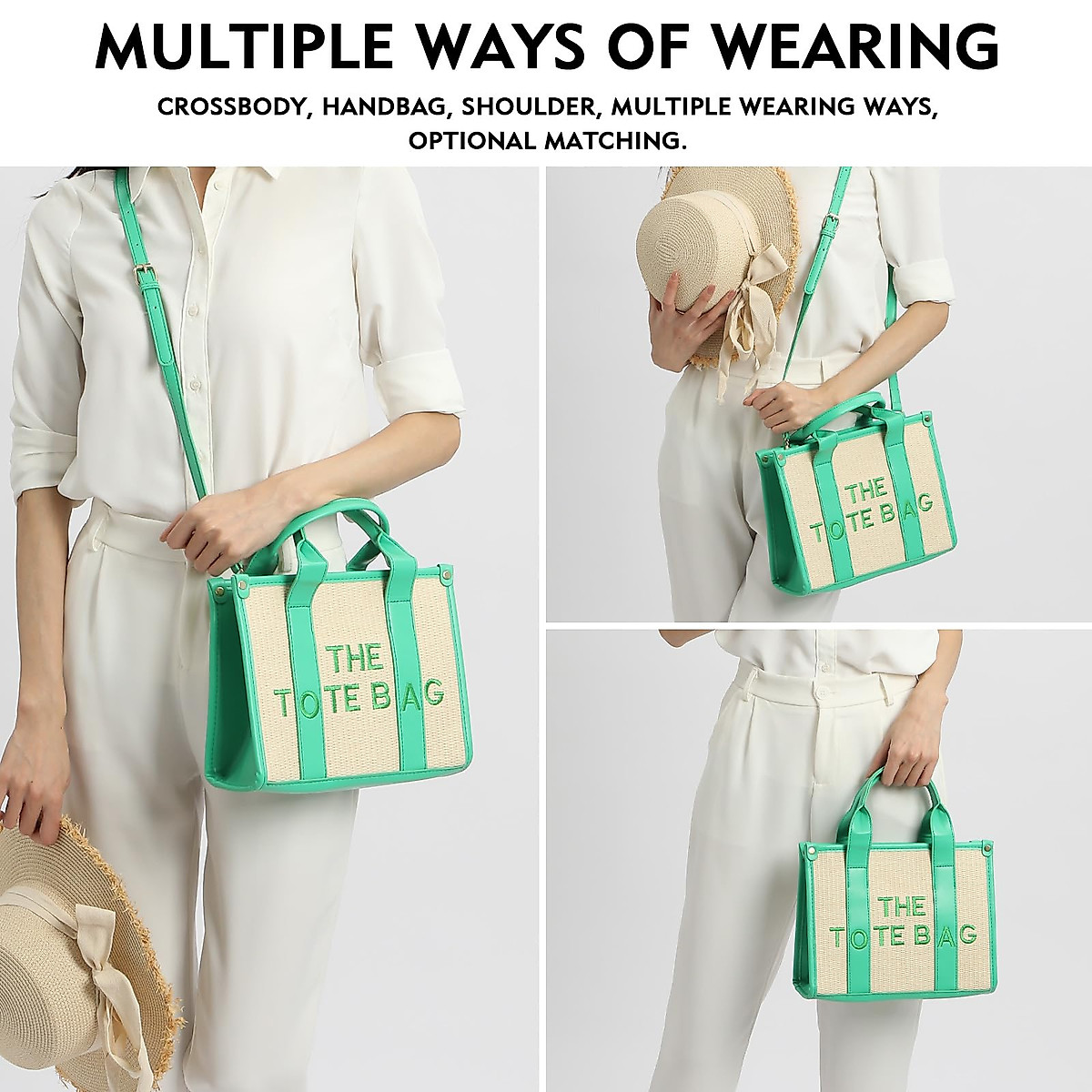 JQAliMOVV The Tote Bag for Women, Straw Tote Bag with Zipper Woven Beach Bag Top Handle Straw Handbag Purses for Travel (Dark Green)