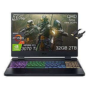 Acer Nitro 5 15.6" QHD 165Hz, AMD 8-Core Ryzen 7 6800H (Beat i9-11900H), GeForce RTX 3070 Ti 8GB, 32GB DDR5 RAM, 2TB PCle SSD Gaming Laptop, RGB Backlit, Webcam, Ray Tracing, HDMI Cable, Win 11 Home