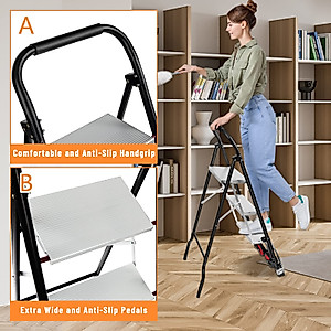 2 in 1 Aluminum Hand Truck & Ladder 3 Step Ladder Step Stool for Adults with Wide Anti-Slip Pedal and 6’’ Rubber Wheels, 330lbs Capacity Sturdy Steel Ladder Portable Steel Step Stool Dolly